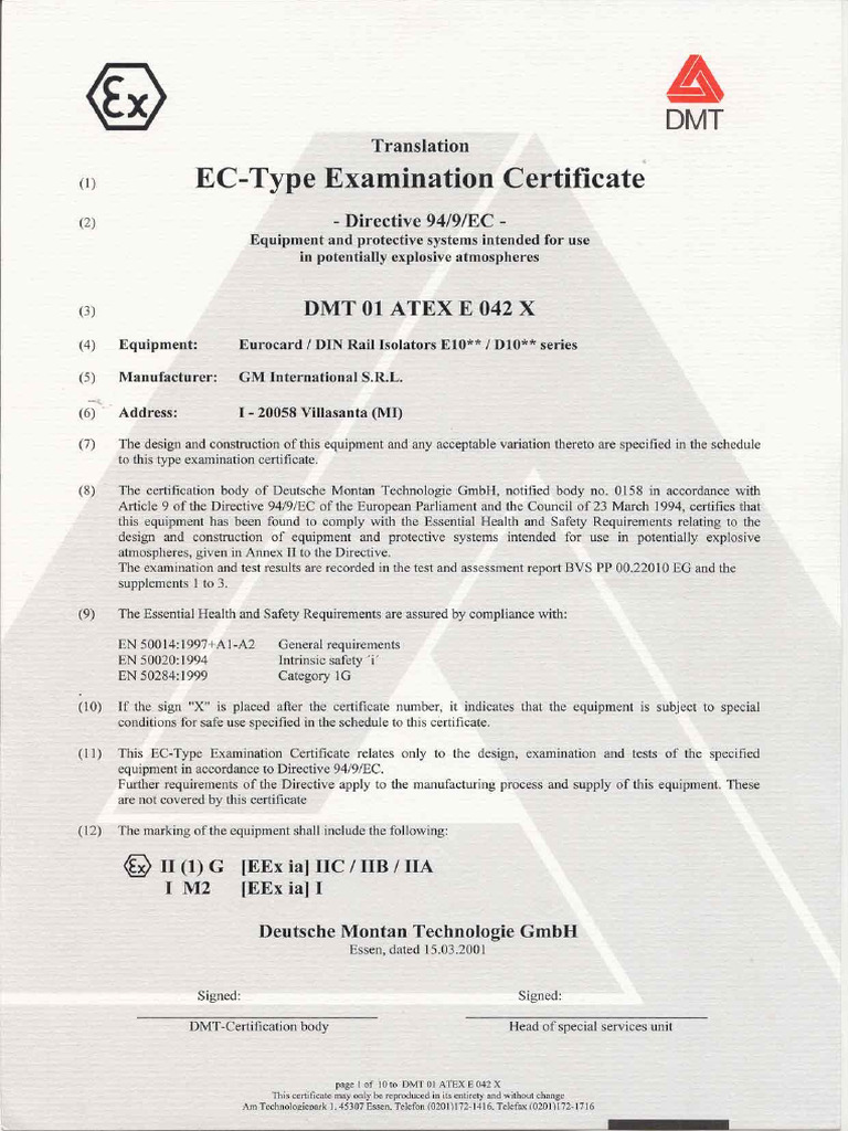 DIN Rail Isolators ATEX Certification Details | PDF | Electrical ...