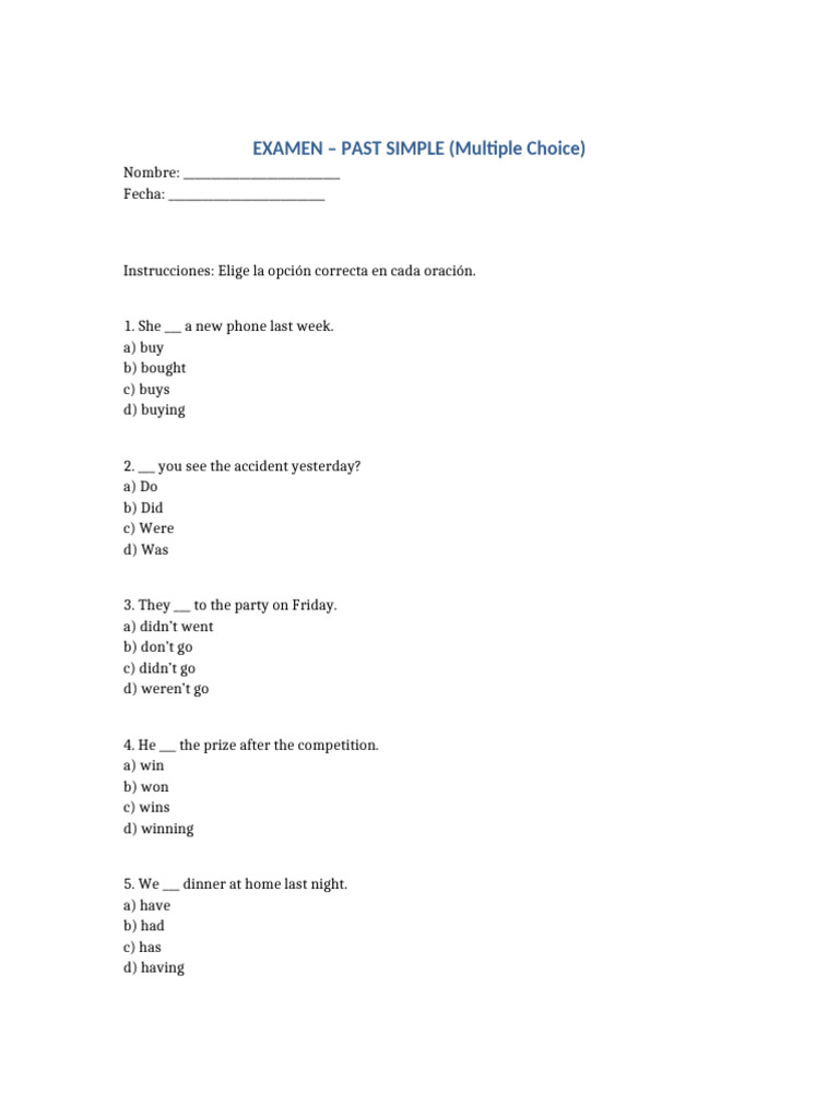 Past Simple Exam: Multiple Choice Quiz | PDF