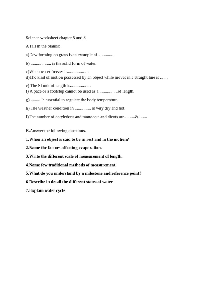 Science Worksheet Chapter 5 and 8 | PDF