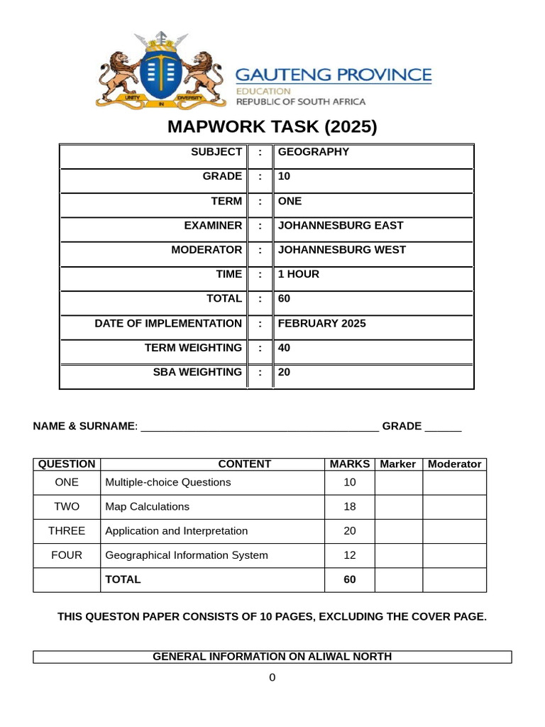 Geography Mapwork Task for Grade 10 | PDF | Geographic Information ...