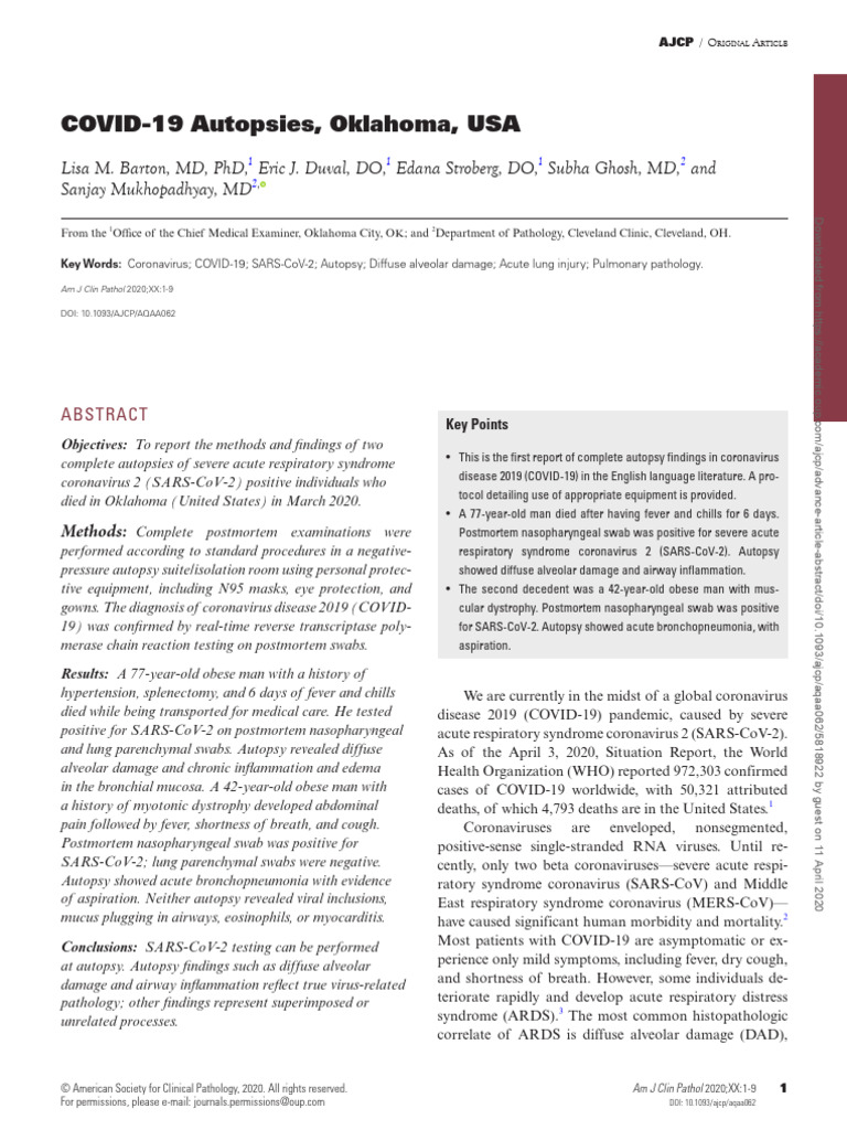 2020. COVID19 Autopsies. Am J Clin Pathol | PDF | Autopsy | Pathology