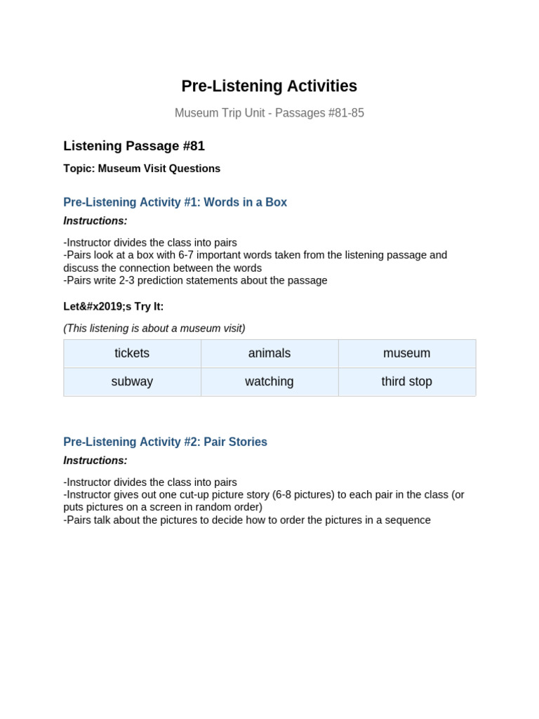 Pre-Listening Activities for Museum Trips | PDF