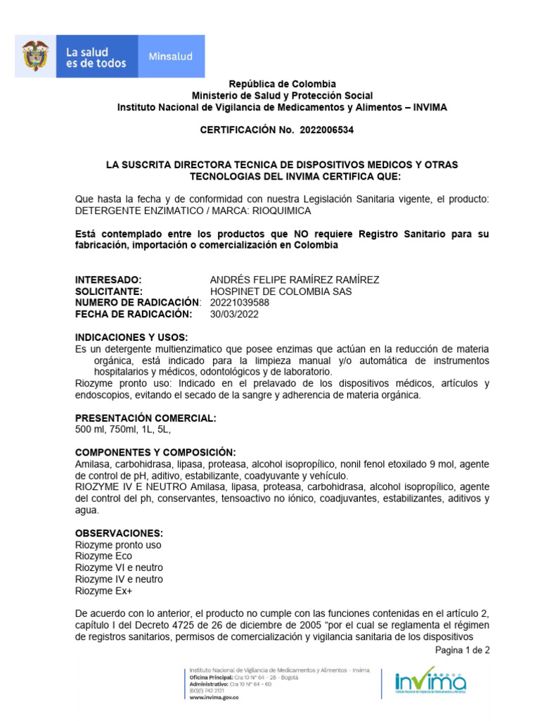 No Requiere - Detergente enzimático Rioquímica | PDF | Dispositivo médico