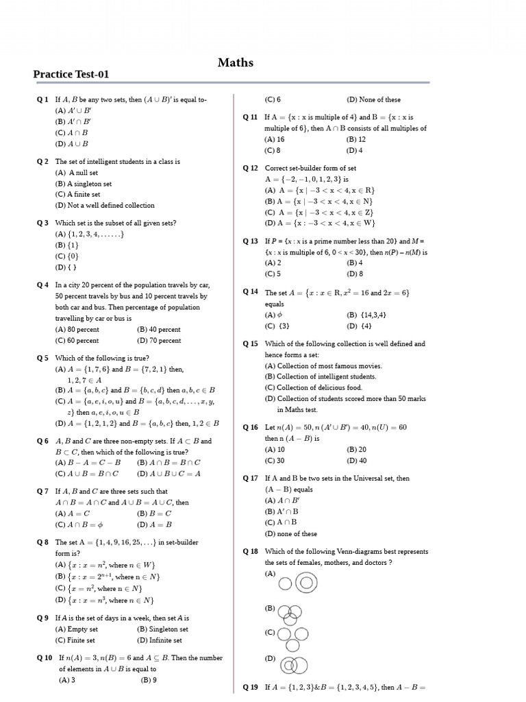 Set Theory Practice Test Questions | PDF | Statistical Hypothesis ...