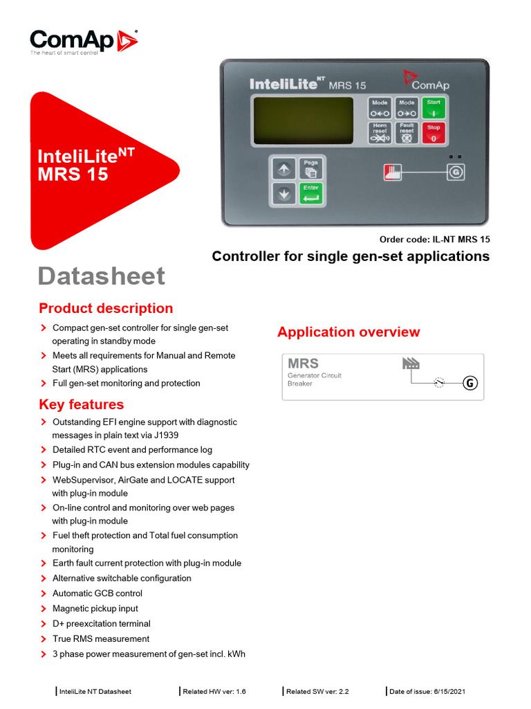 InteliLite NT Gen-Set Controller Datasheet | PDF | Power Supply | Hertz
