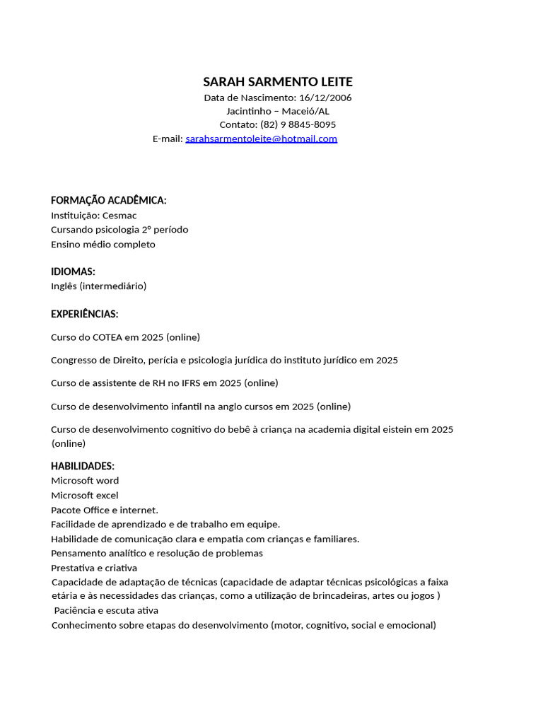 Cópia de Cópia de curriculo SARAH SARMENTO LEITE 3 | PDF