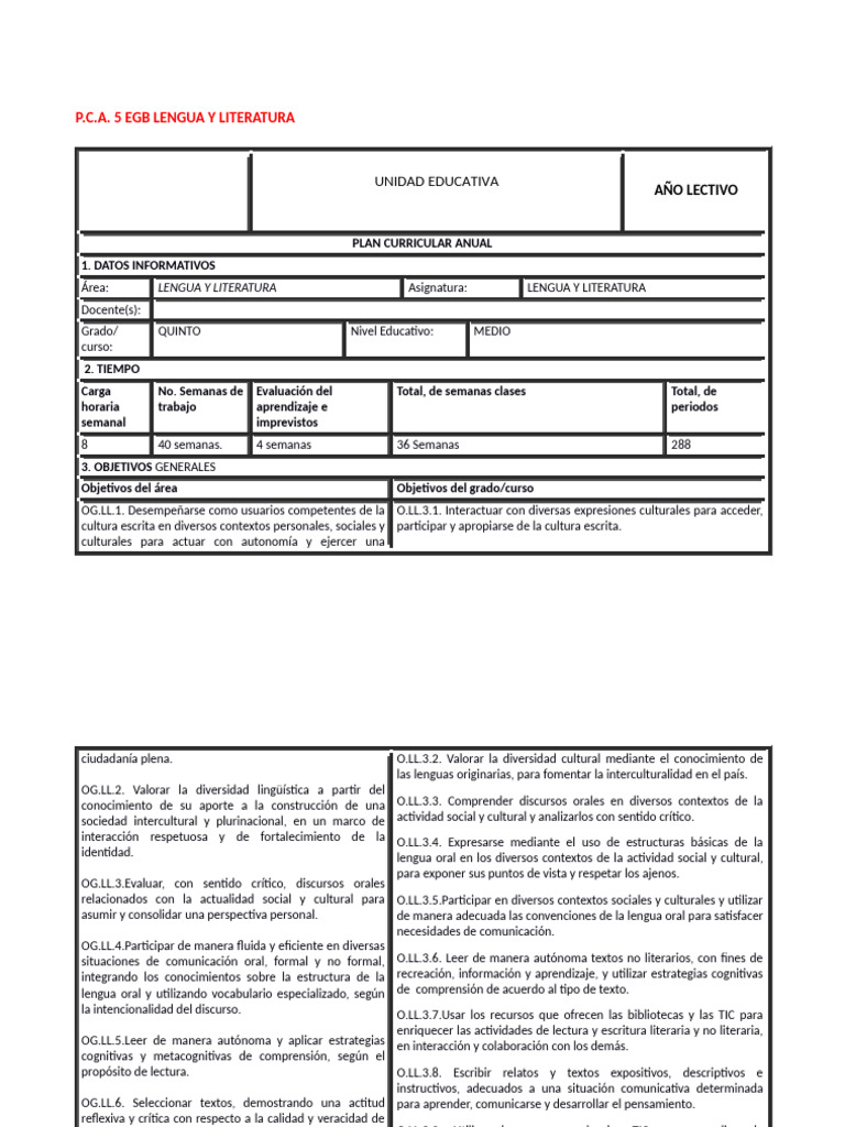 p.c.a. 5 Egb Lengua y Literatura | PDF | Aprendizaje | Léxico
