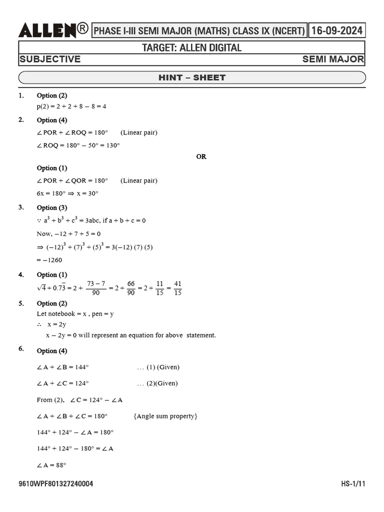 Class IX Maths Semi Major Exam Solutions | PDF | Angle | Polynomial