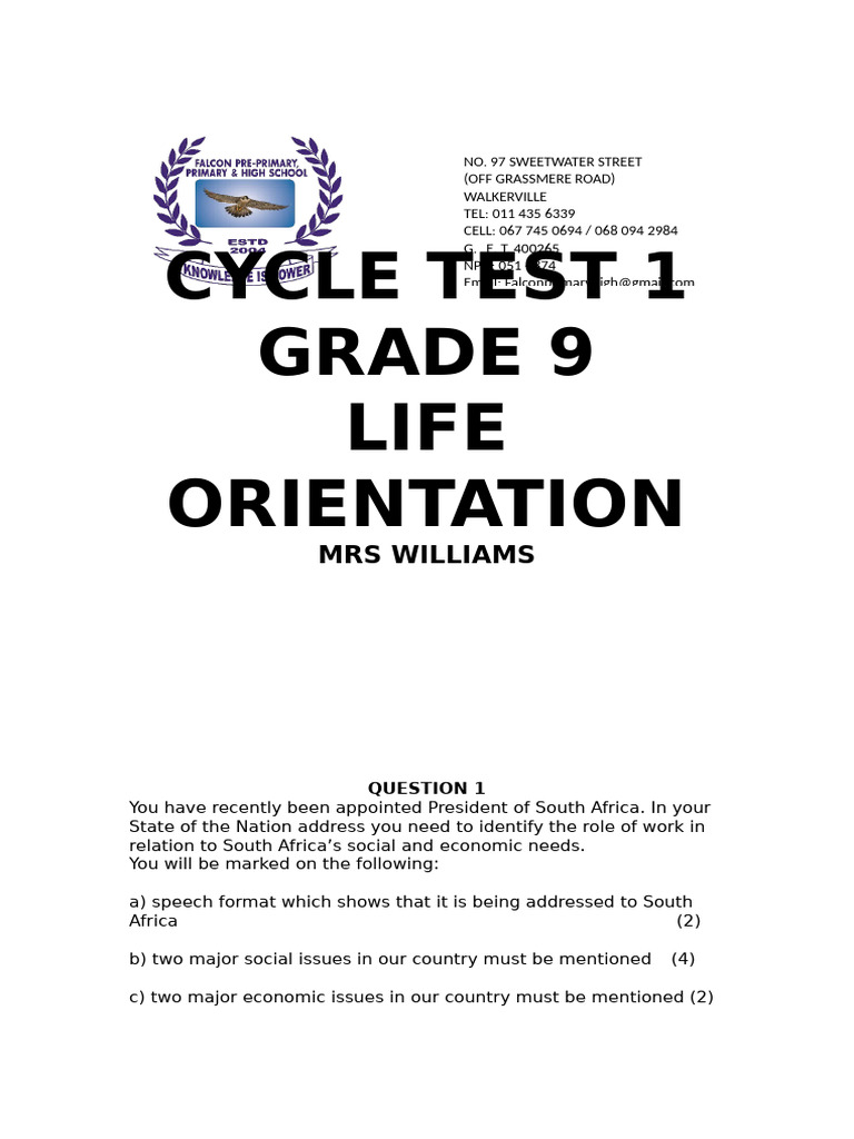 Grade 9 Life Orientation Cycle Test | PDF