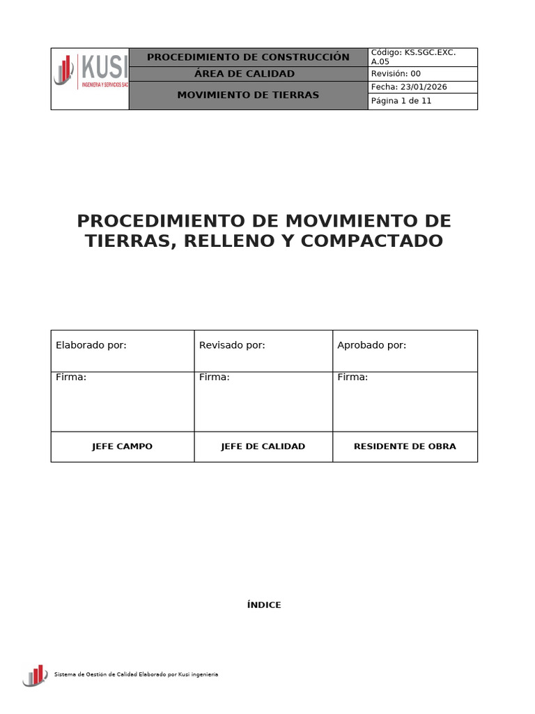 KS.sgc.EXC.a.05. Procedimiento de Mov. de Tierras, Relleno y Comp. | PDF | Sistema de manejo de ...
