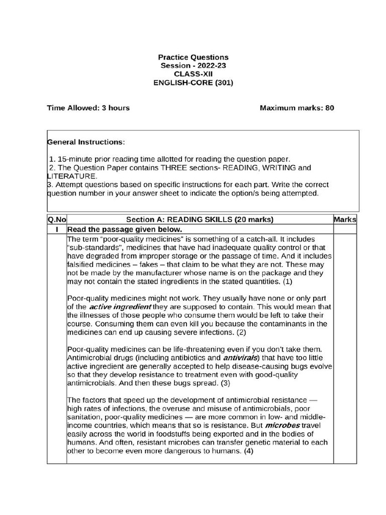 Class 12 English Core Practice Questions | PDF | Antimicrobial ...