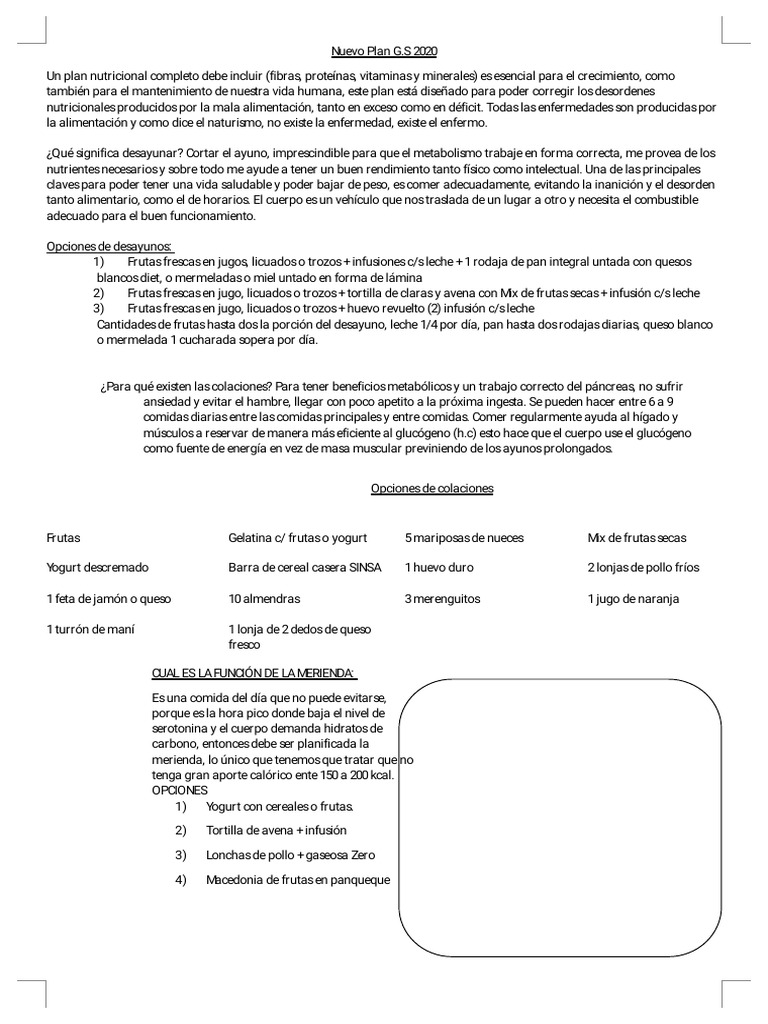 Plan Nutricional G.S 2020: Guía Completa | PDF | Vegetales | Nutrición