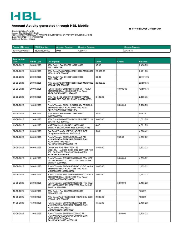 Account_Statement_27-10-2025T02_59_55 | PDF | Debit Card | Fee