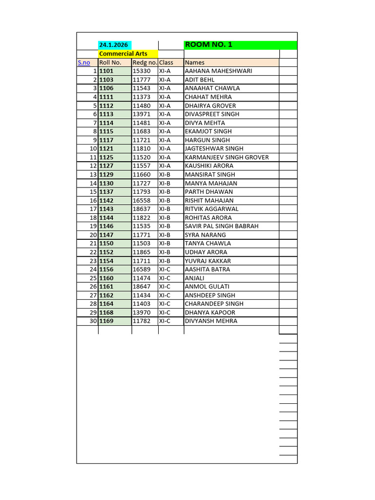 Commercial Arts Class Roll Call 2026 | PDF