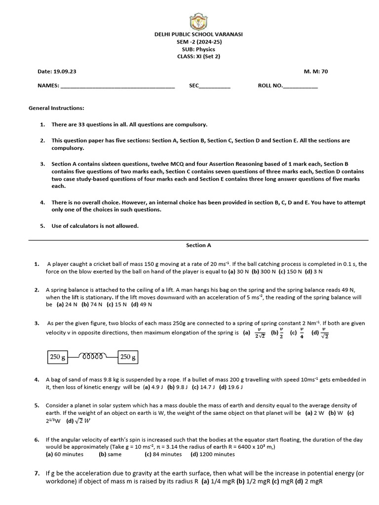 DPS Physics Paper Set02 Sem02 24-25 Class 11 | PDF | Strength Of Materials | Bending