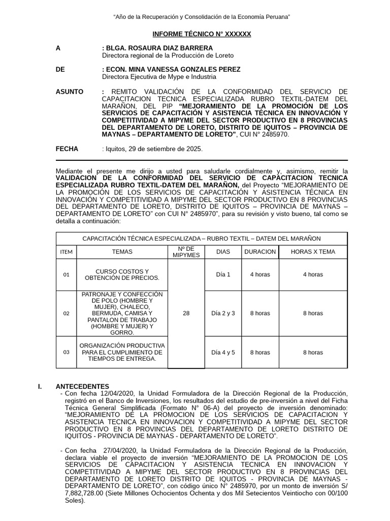 Informe Tecnico Xxxx Textil Datem | PDF | Economias