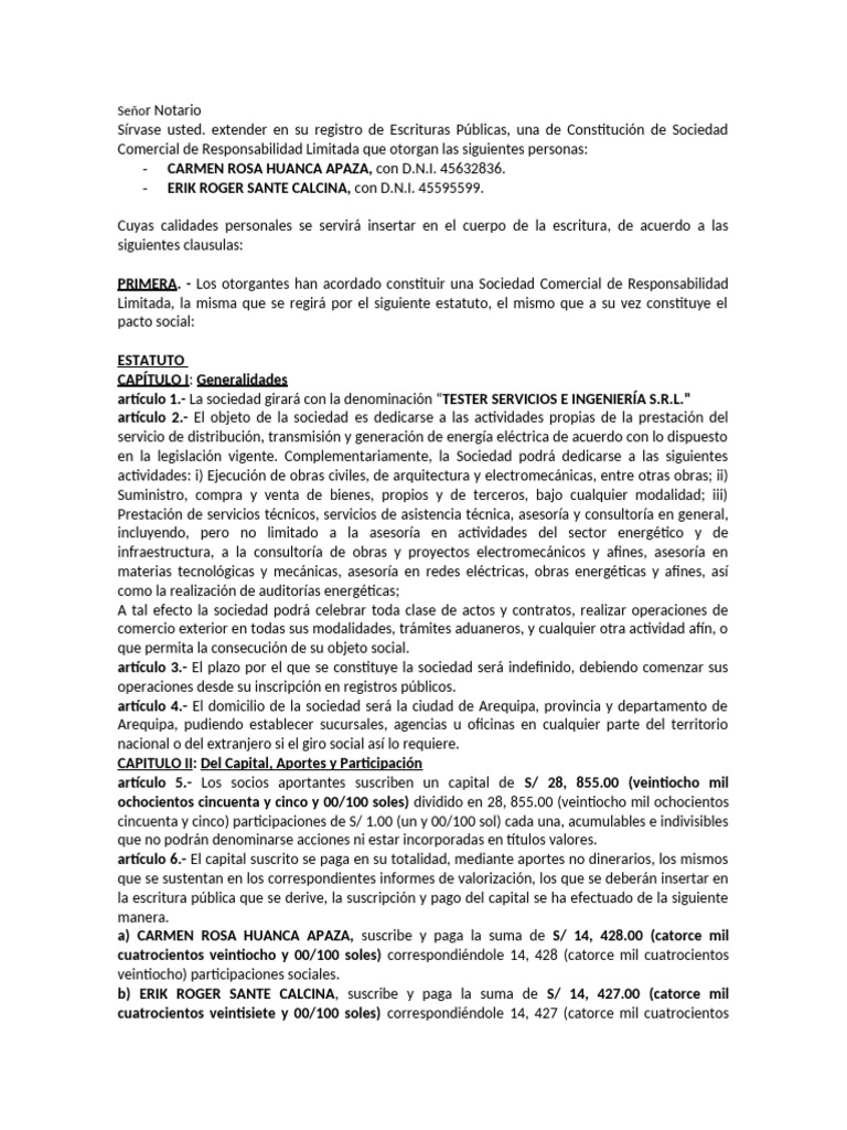 Minuta Constitución SRL | PDF | Pagaré | Sociedad de responsabilidad limitada