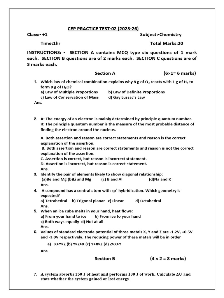 Chemistry Practice Test for Class +1 | PDF | Atoms | Physical Sciences
