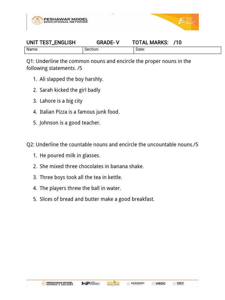 English Test Grade 5 | PDF