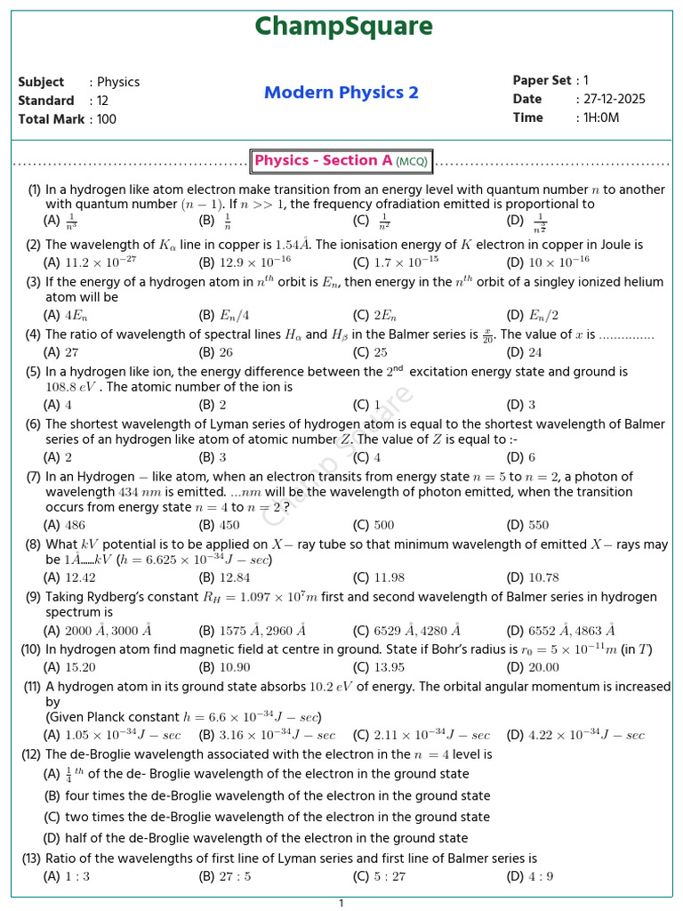 Modern Physics Exam Paper Set 1 | PDF | Energy Level | Electron
