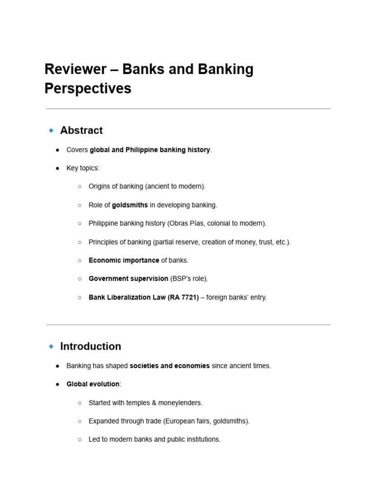 Bofi - Banks and Banking Perspective Reviewer | PDF | Banks | Economies