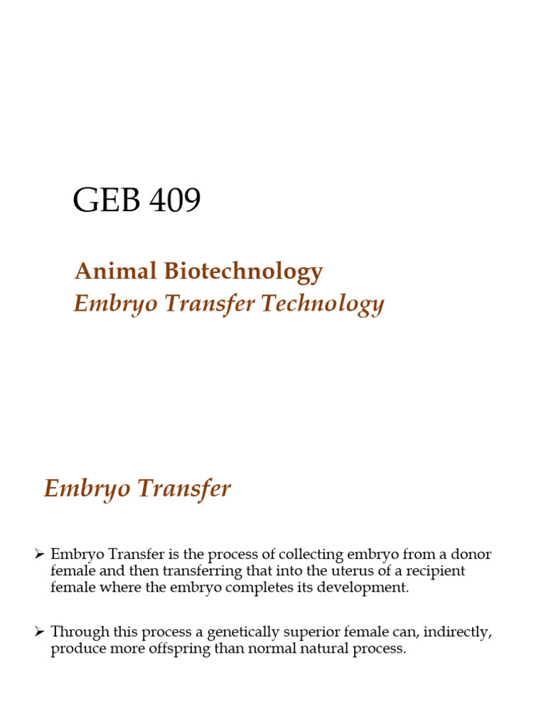 Embryo Transfer in Animal Biotechnology | PDF | Cattle | Embryo