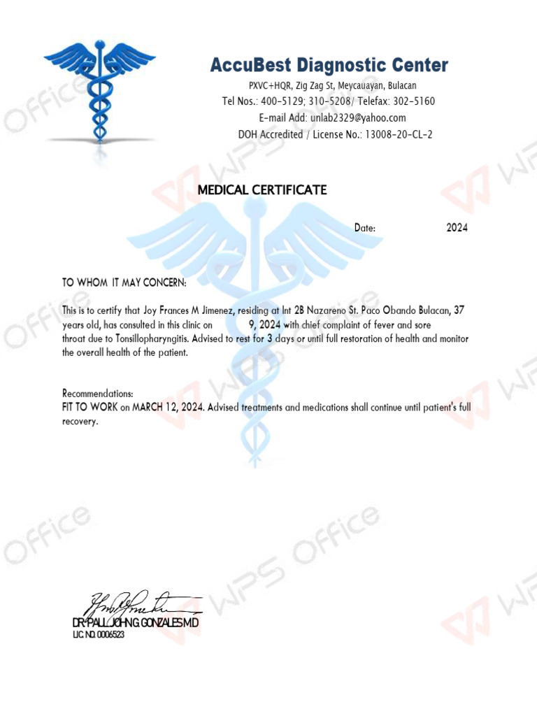 Medical Certificate for Joy Jimenez | PDF