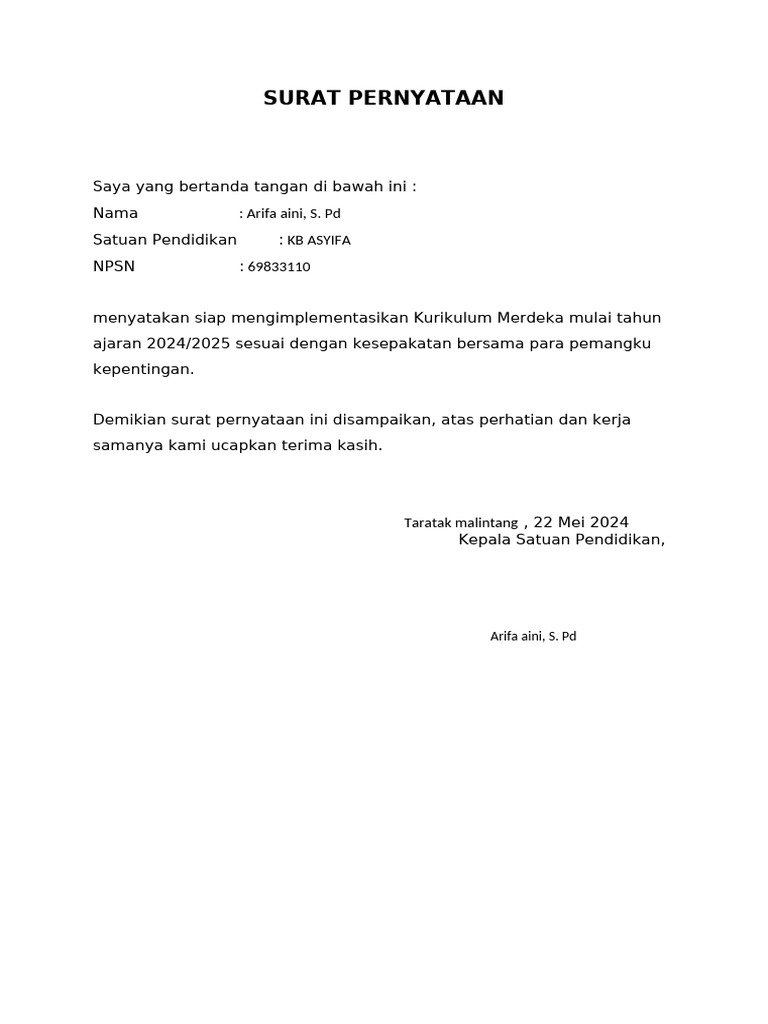 Surat Pernyataan Implementaasi Kurikum Merdeka | PDF