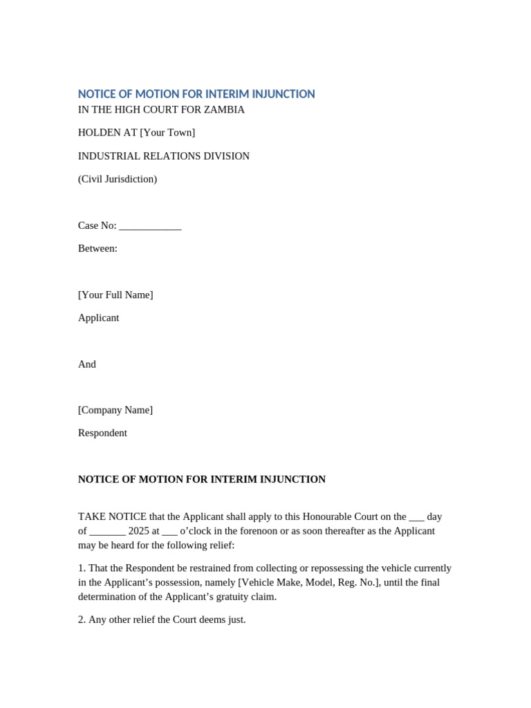 Zambia Interim Injunction Motion Notice | PDF