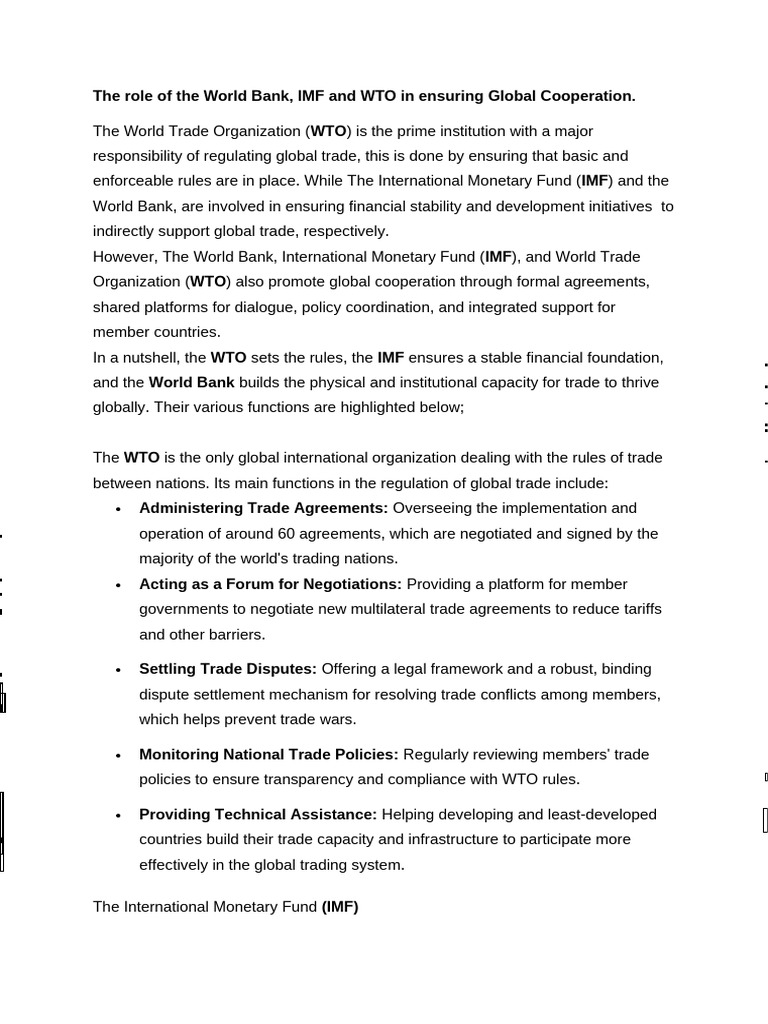 World Bank, IMF, WTO: Global Cooperation Roles | PDF | World Trade ...
