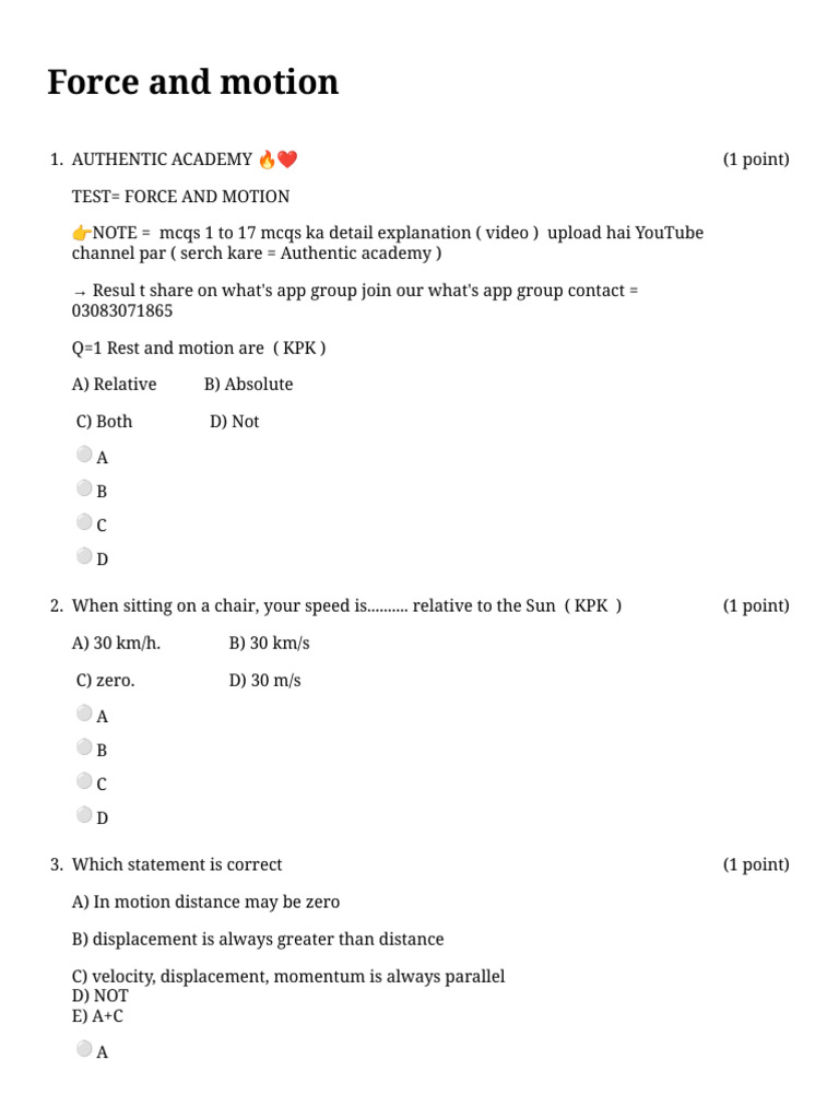 17 MCQS _ FORCE AND MOTION | PDF | Acceleration | Velocity