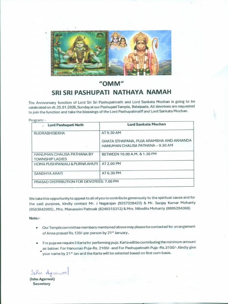 Program For Temple Anniversary - 2026 | PDF