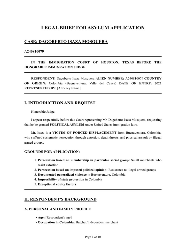 Asylum Brief for Dagoberto Isaza | PDF | Right Of Asylum | Torture