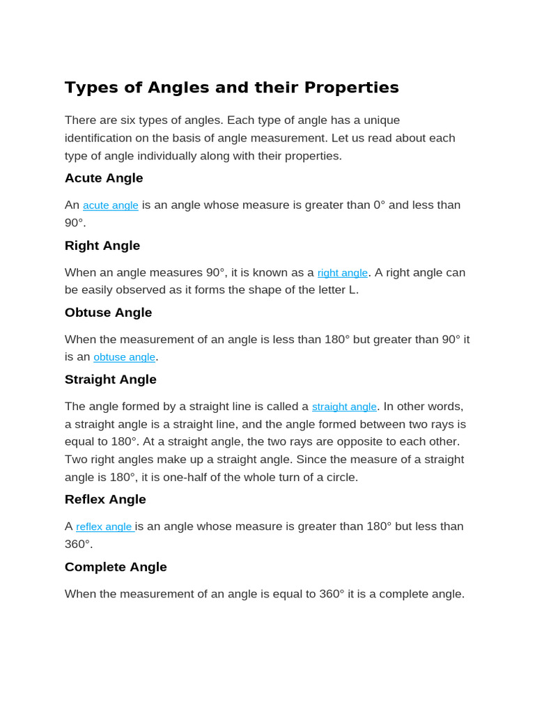 Types of Angles and Their Properties | PDF