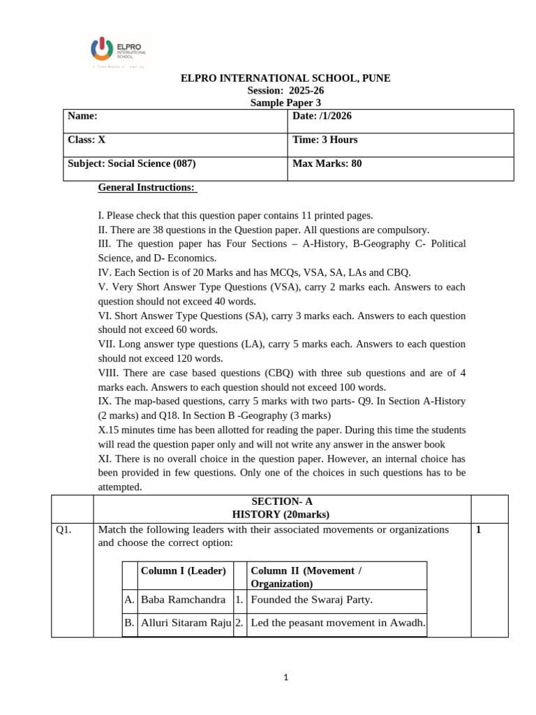 Sample Paper 3 X Social Science 2025-26 | PDF