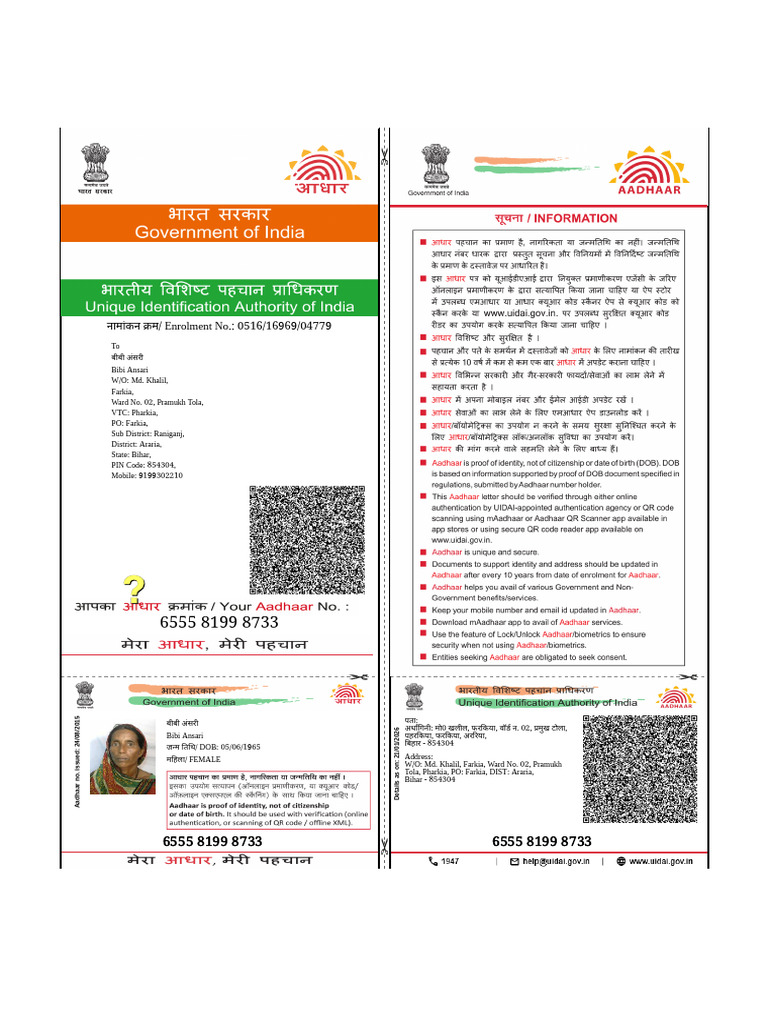 Bibi Ansari Aadhar Card Pdf | PDF