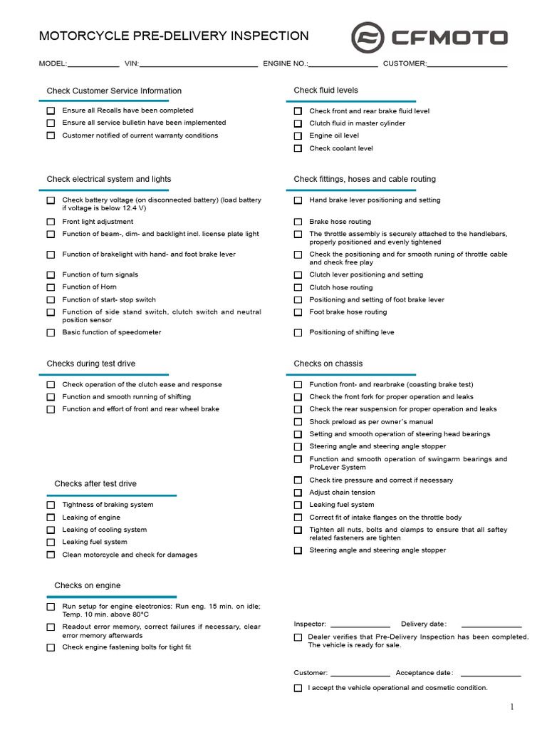 Motorcycle PDI Checklist(1) cf moto | PDF | Throttle | Clutch