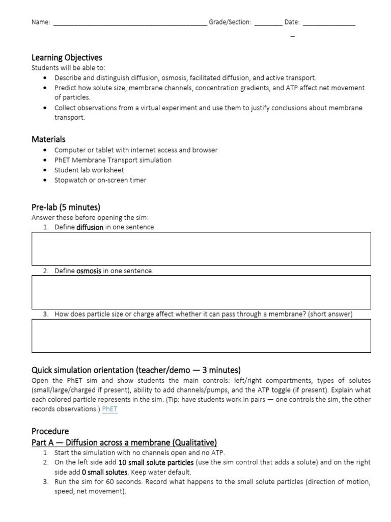 Lab How Susbtances Cross the Cell Membrane - PhET Simulator | PDF ...