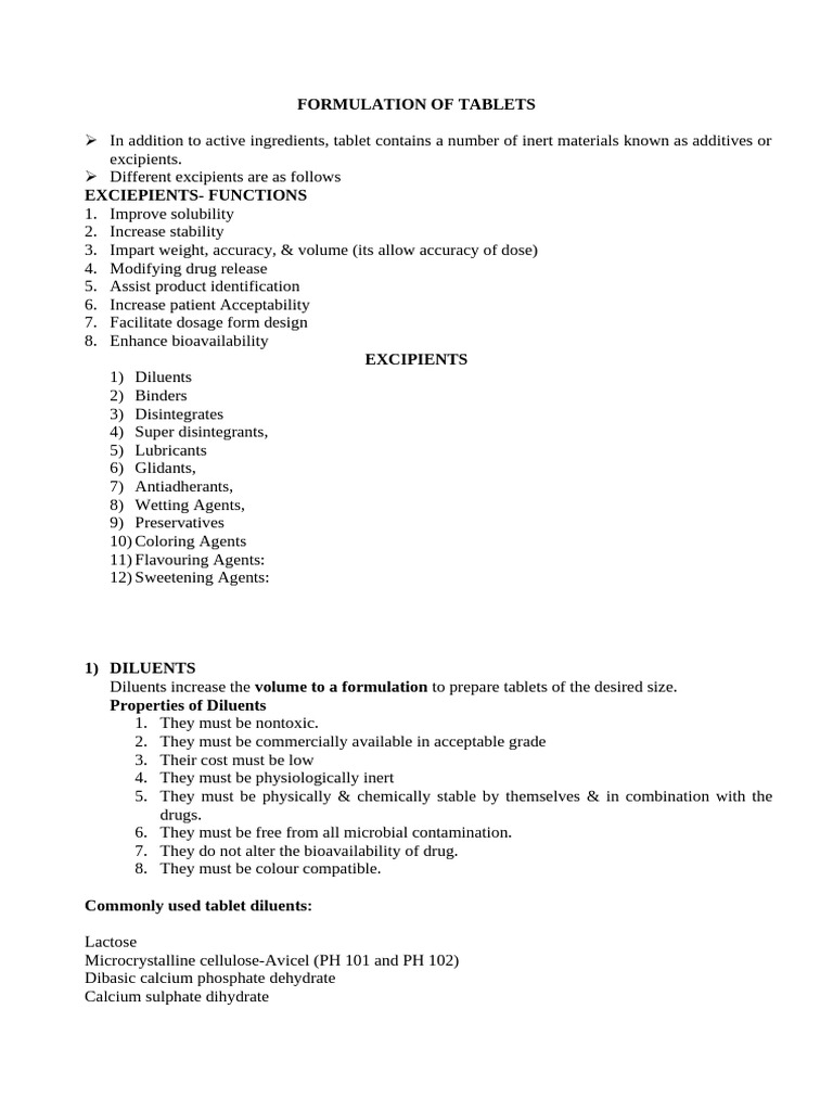 Tablet Formulation and Excipients Guide | PDF | Tablet (Pharmacy ...