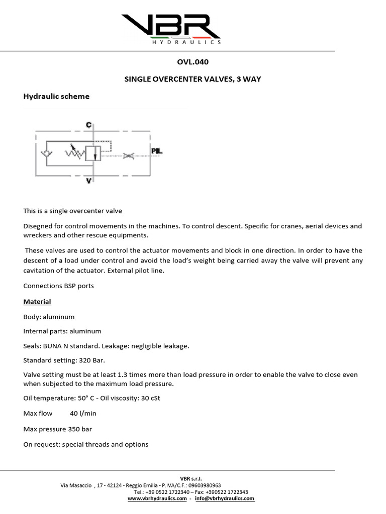 Single Overcenter Valves for Cranes | PDF
