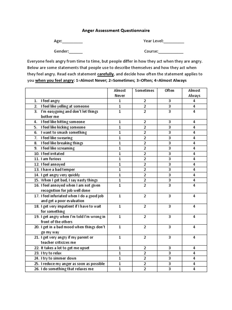 Anger Assessment Questionnaire Pdf Anger