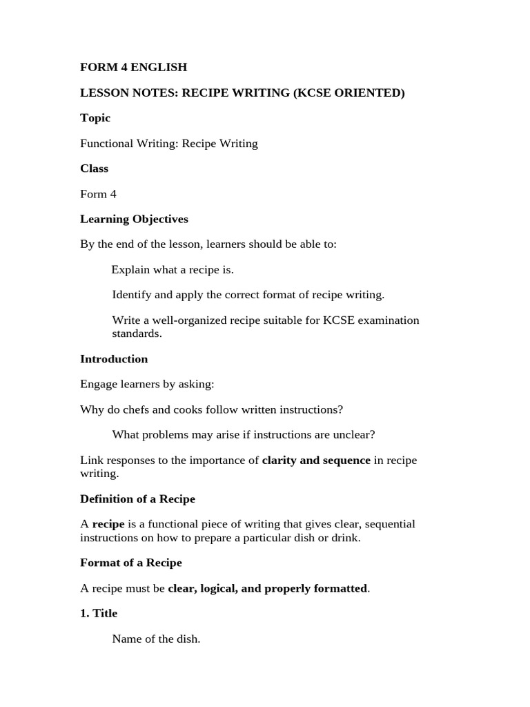 Recipe Writing Guide for KCSE | PDF | Recipe | Subject (Grammar)