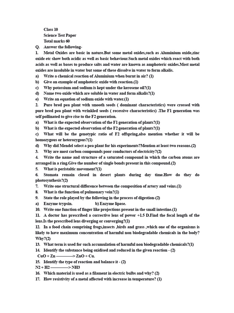 Class 10 Science Test Paper | PDF | Oxide | Chemical Compounds