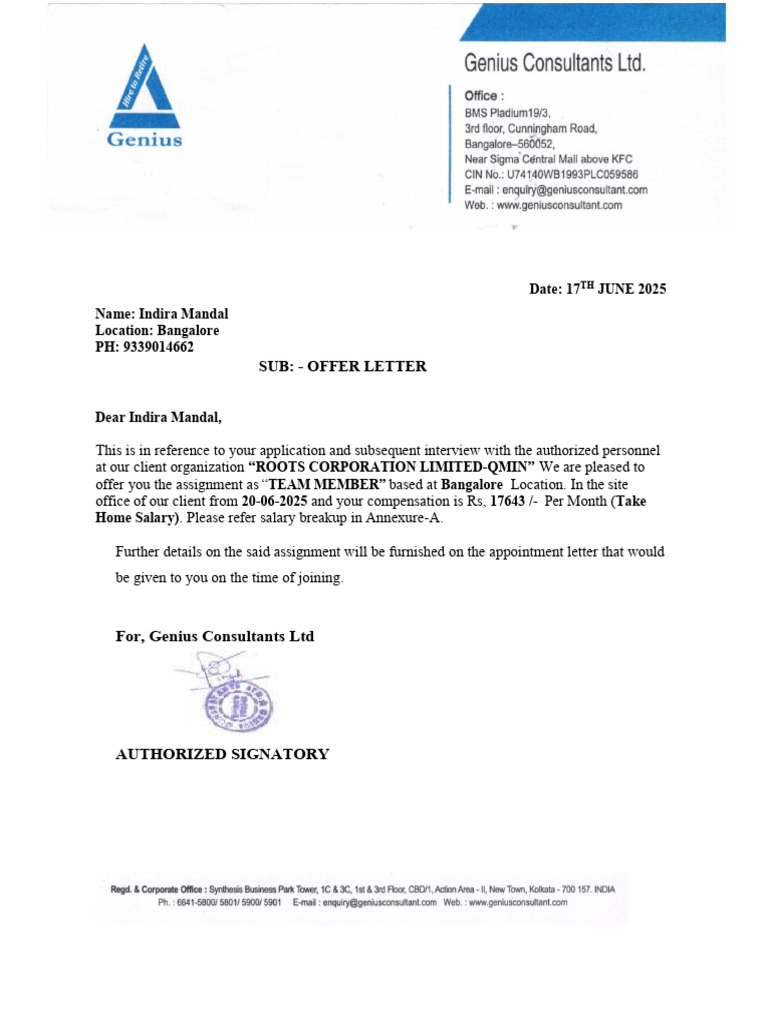 Offer Letter for Team Member Position | PDF