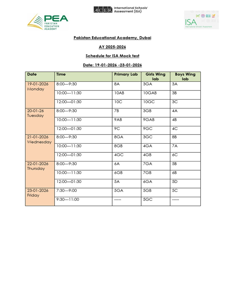 ISA Mock Test Schedule 2026 | PDF