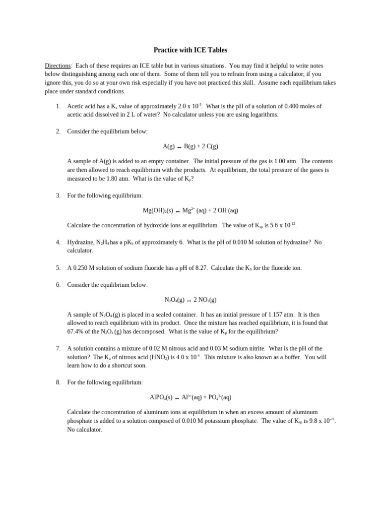 ICE Table Practice Problems for Equilibrium | PDF | Ph | Chemical ...