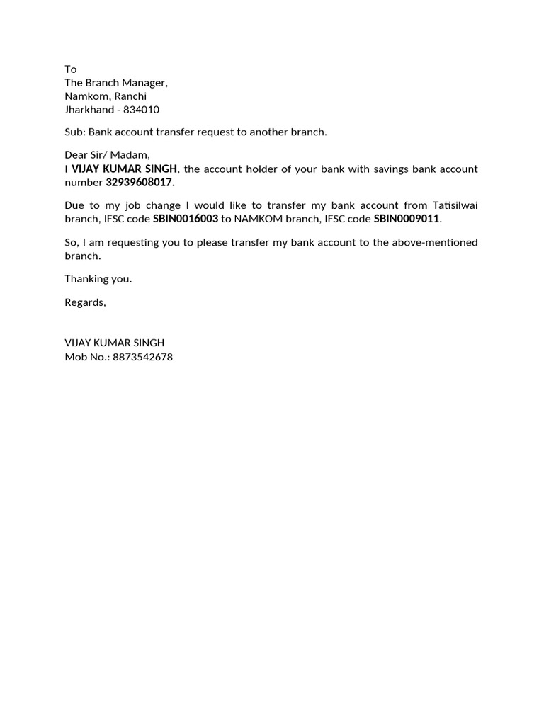 Bank Account Transfer Request Letter | PDF
