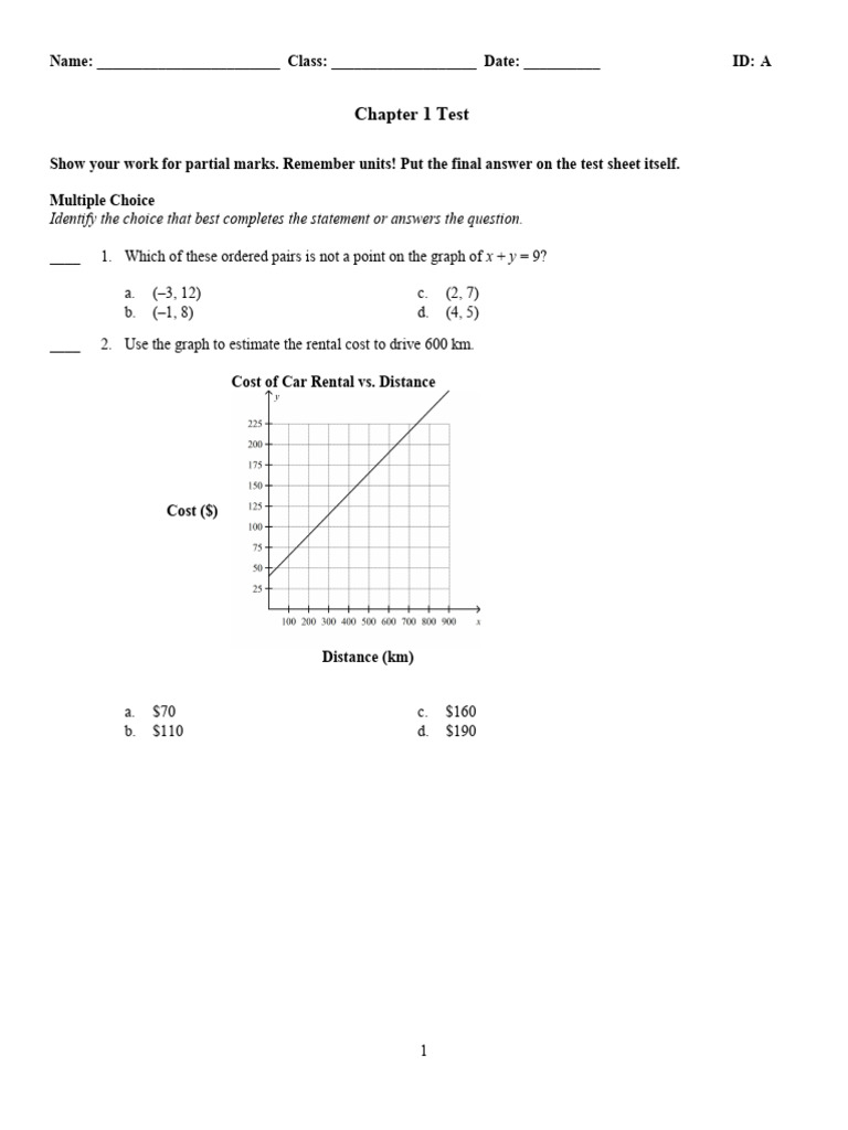 Gr. 10 Chapter 1 Test | PDF | System Of Linear Equations | Equations