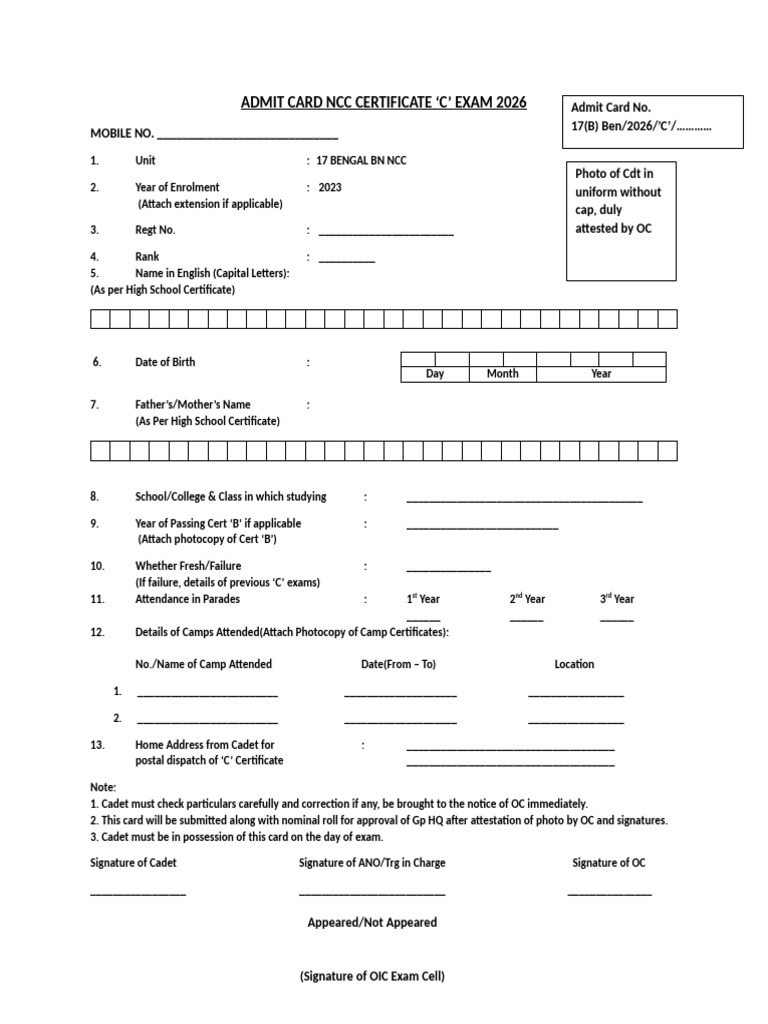 NCC Certificate 'C' Exam Admit Card 2026 | PDF | Chess Theory | Chess