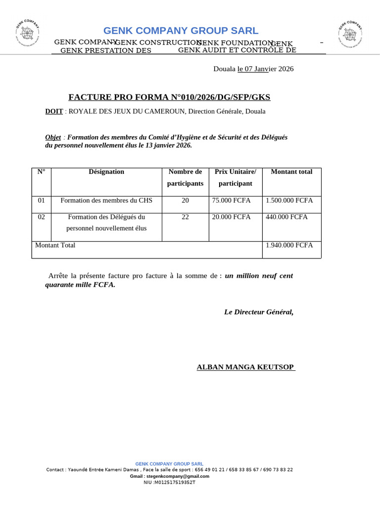 Facture Pro Forma Formation CHS 2026 | PDF